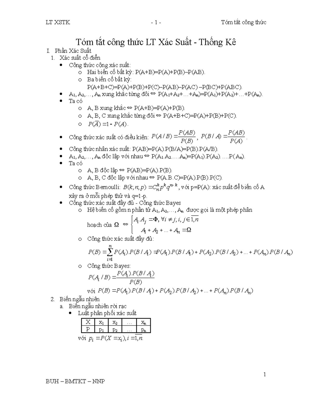 Tóm tắt công thức LT Xác Suất - Thống Kê (XSTK) - Studocu