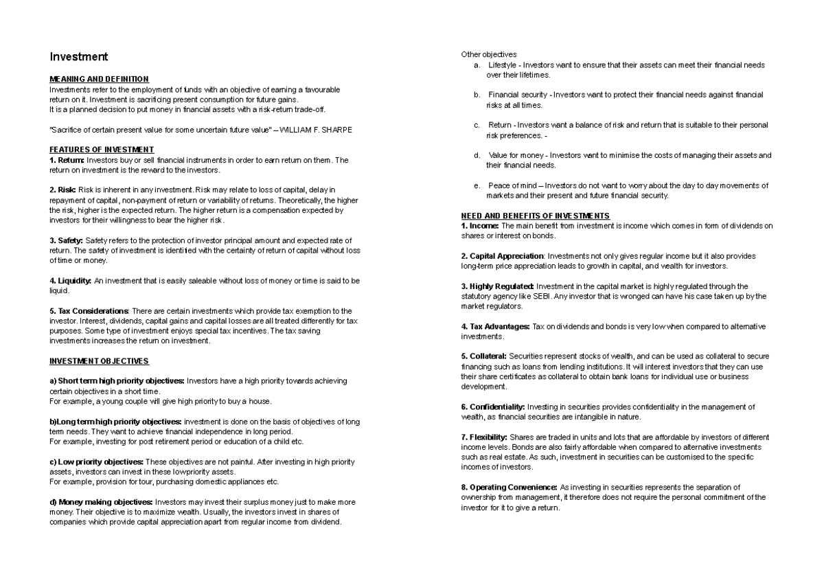 Investment Management: Meaning, Features, and Analysis (BBA) - Studocu