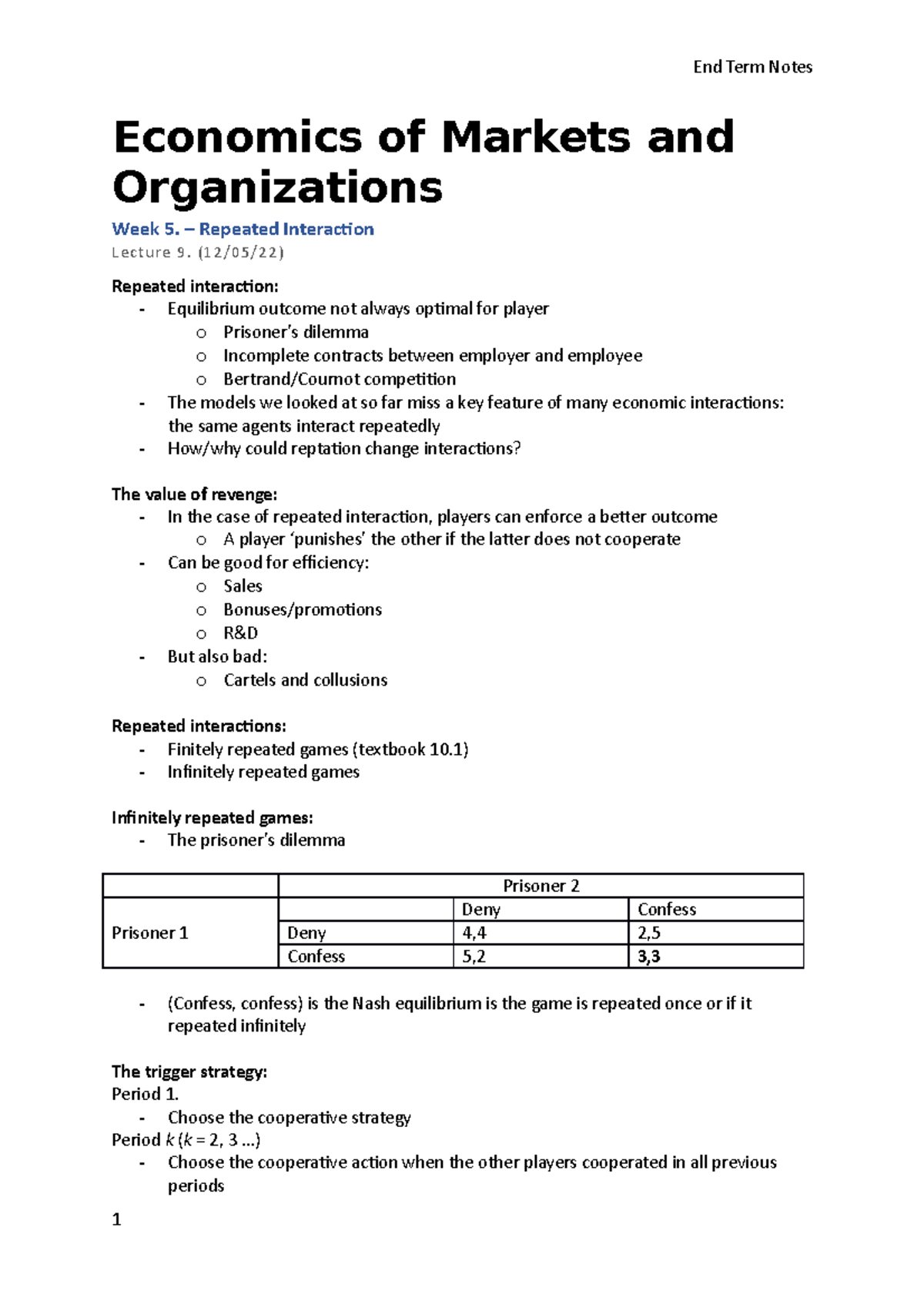EMO Lecture Notes: Economics of Repeated Interactions and Market ...
