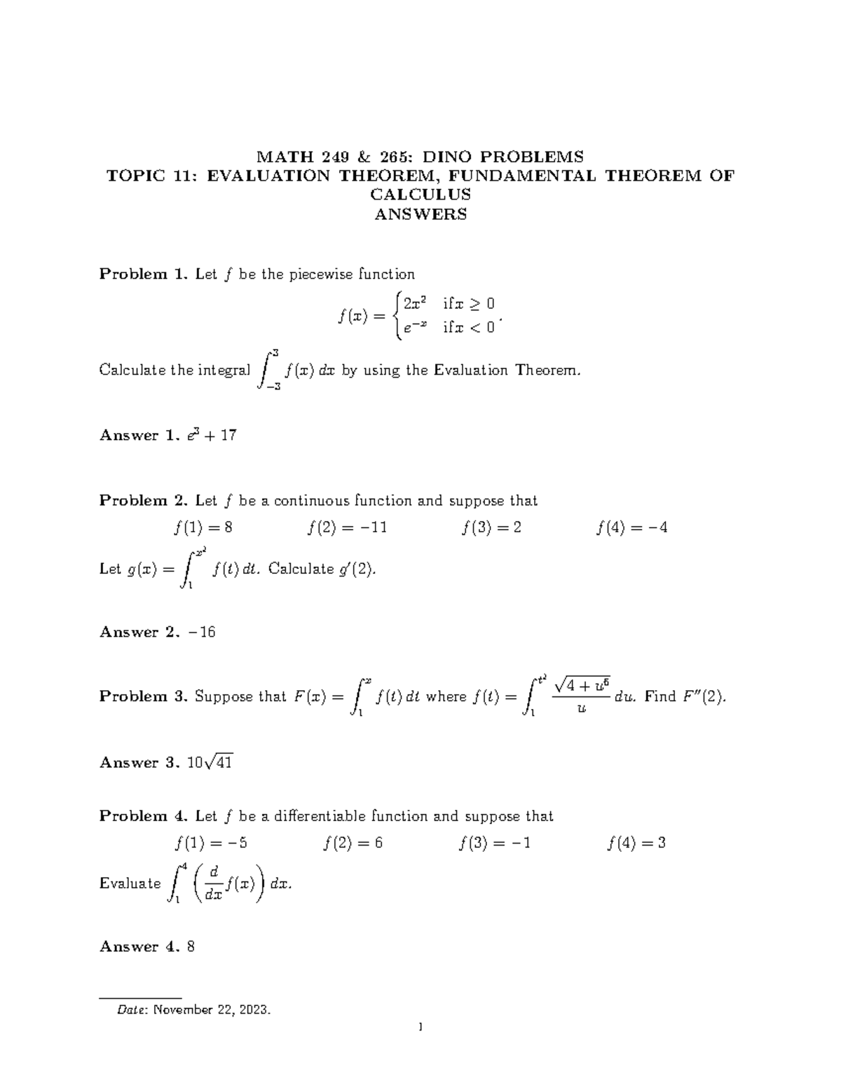 MATH 249 265: Evaluation Theorem & FTC Problem Solutions - Studocu