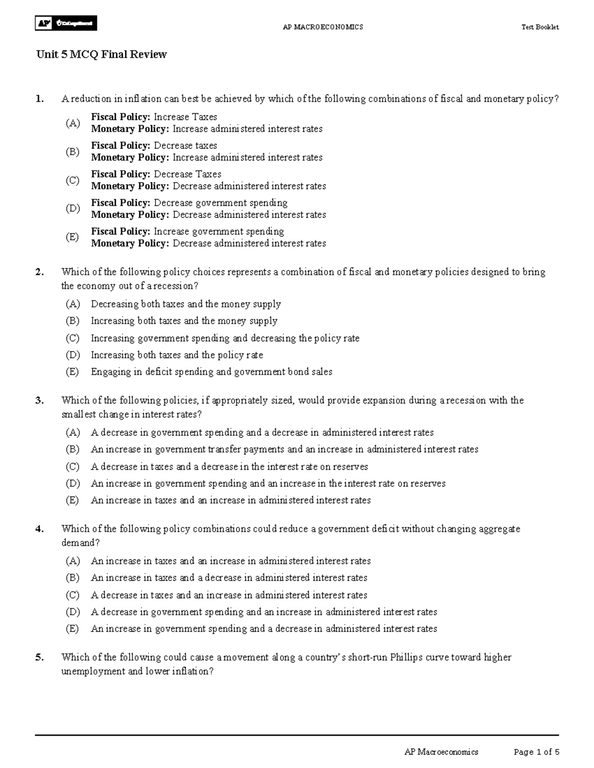 AP MACROECONOMICS Unit 5 MCQ Final Review Test Booklet - Studocu