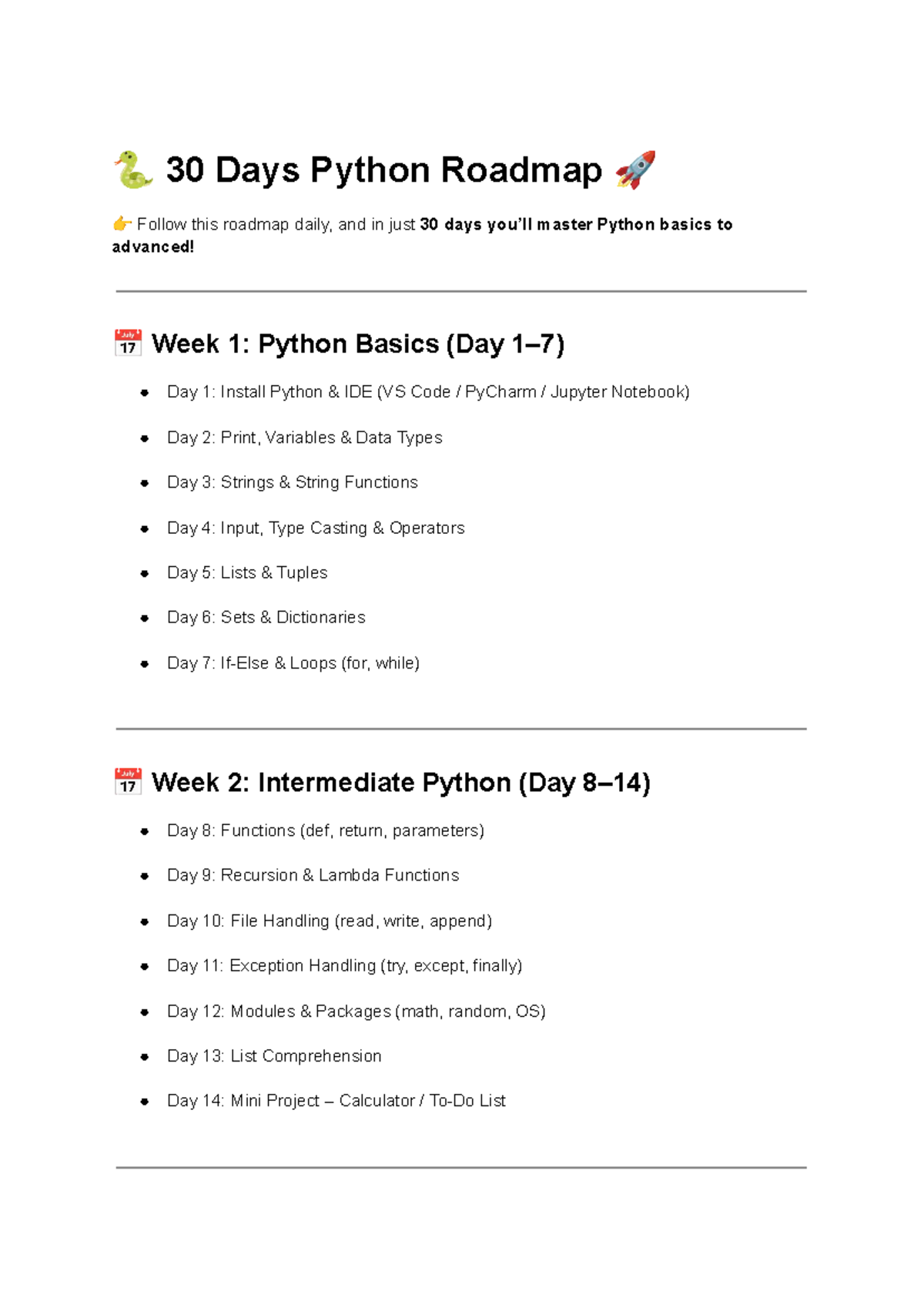 30-Day Python Mastery Roadmap: From Basics to Advanced - Studocu