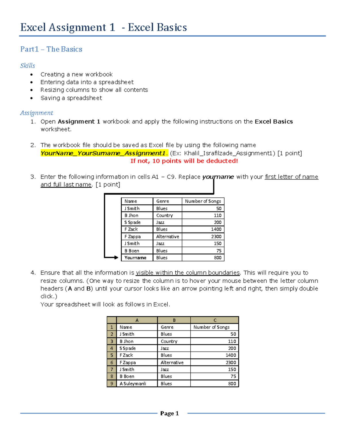 Assignment 1 - Excel Basics: Workbook Creation & Formatting Skills ...