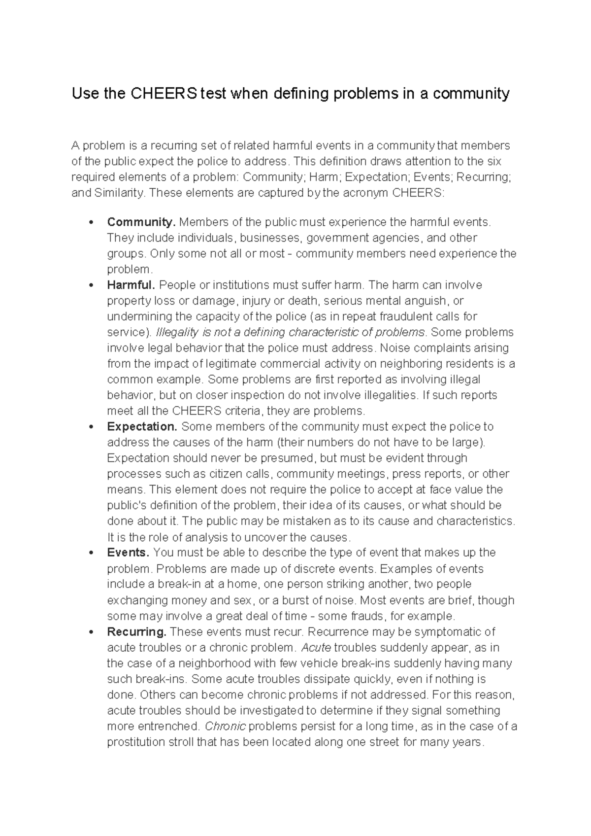 CHEERS Framework: Defining Community Problems for Police Attention ...
