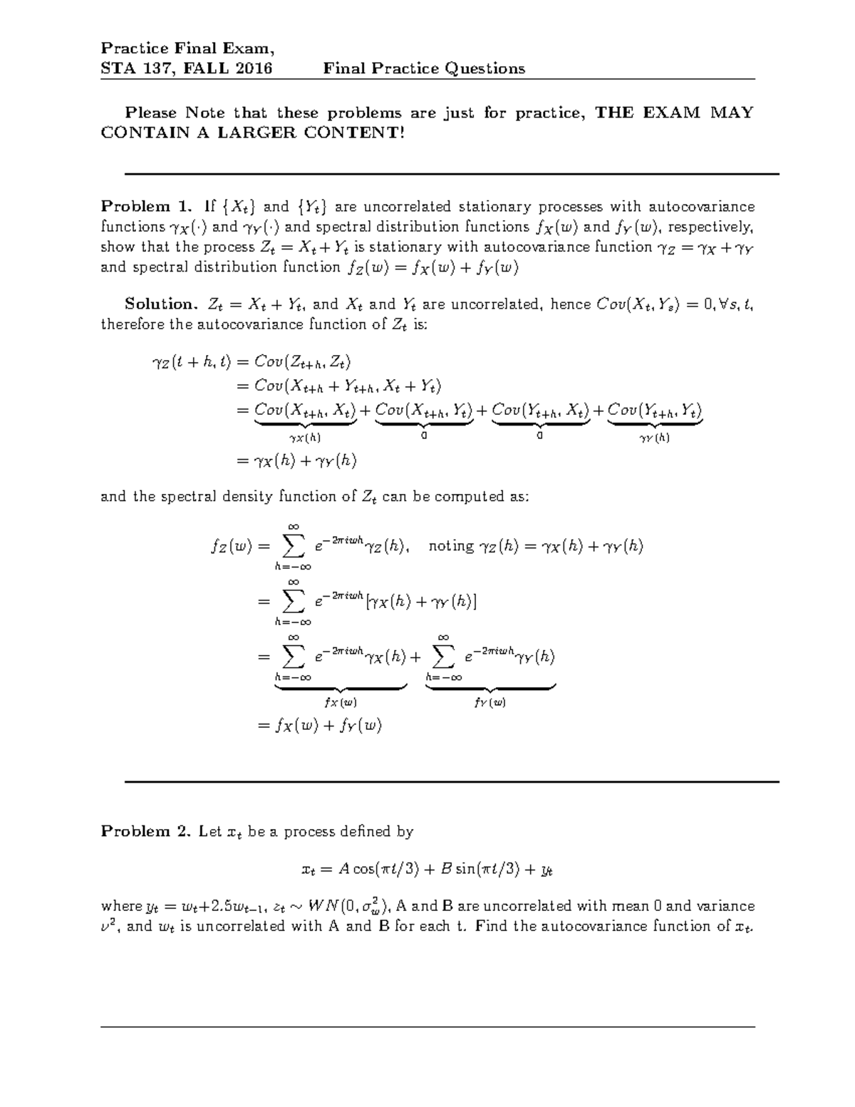 Final Practice Solutions - Practice Final Exam, STA 137, FALL 2016 ...