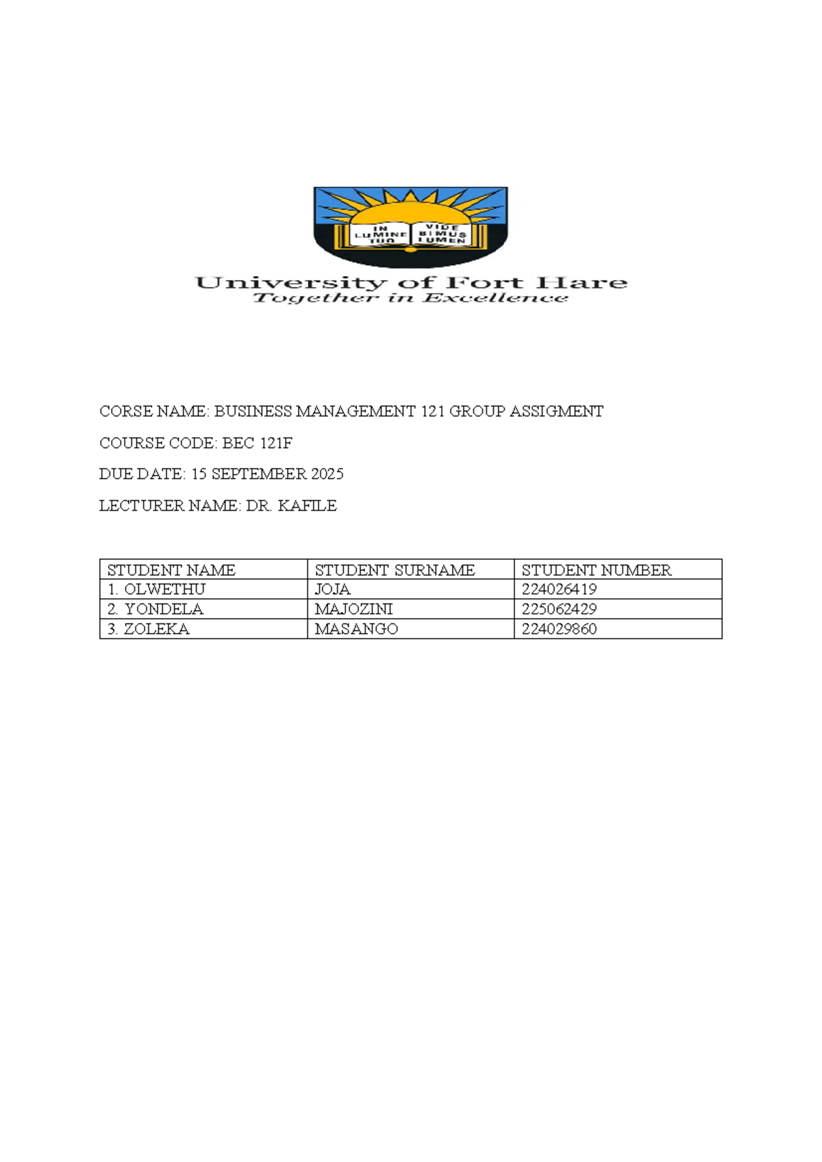 Business Management 121 Group Assignment: Analysis & Action Plan - Studocu