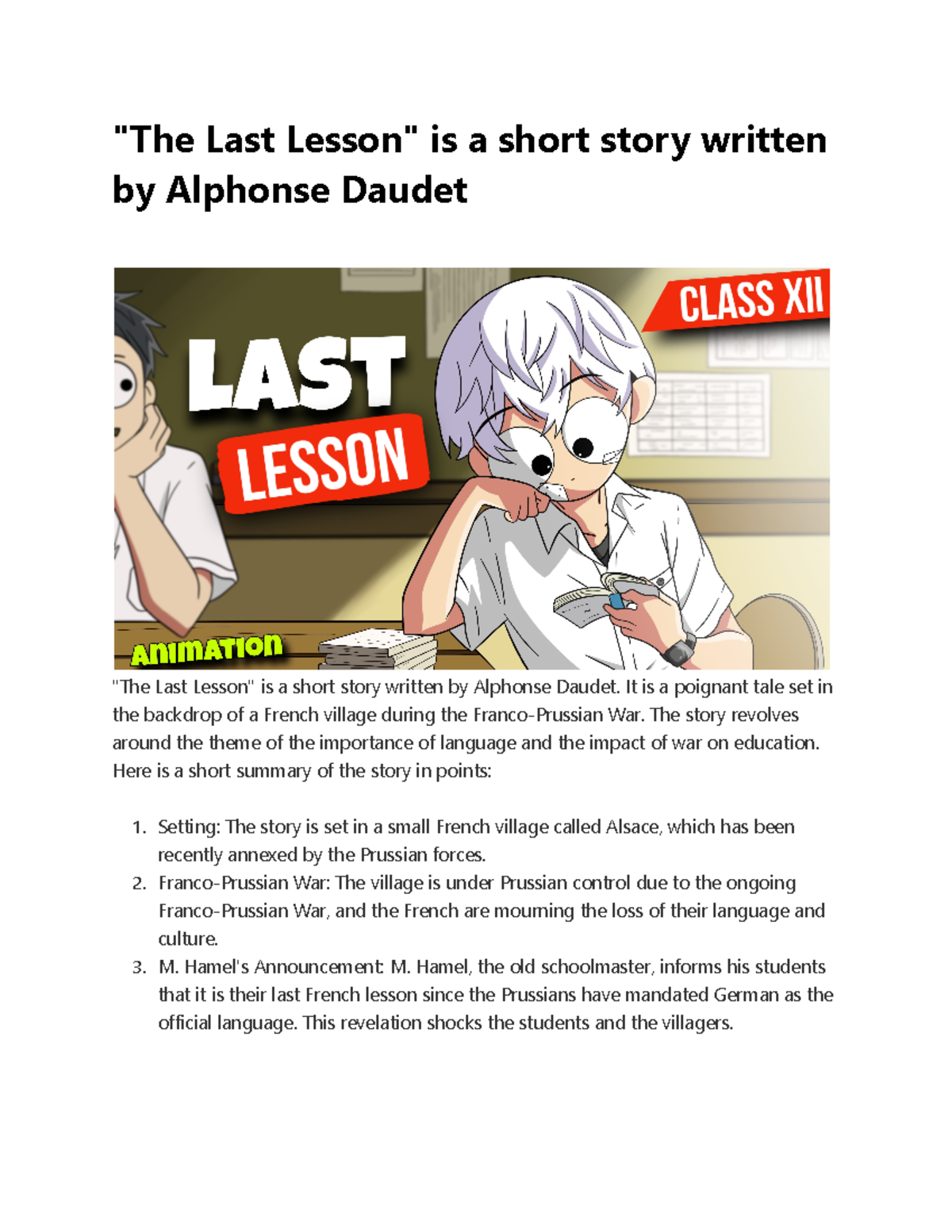 The Last Lesson: Analyzing Alphonse Daudet's Short Story Themes - Studocu