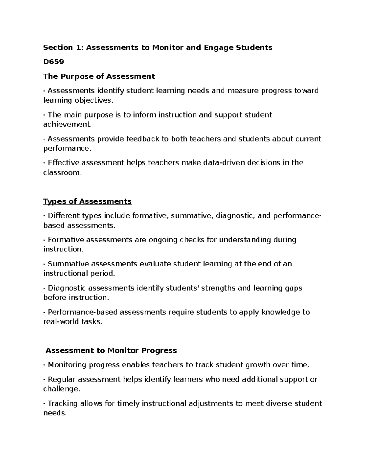 Section 1: Assessments for Student Engagement and Progress D659 - Studocu