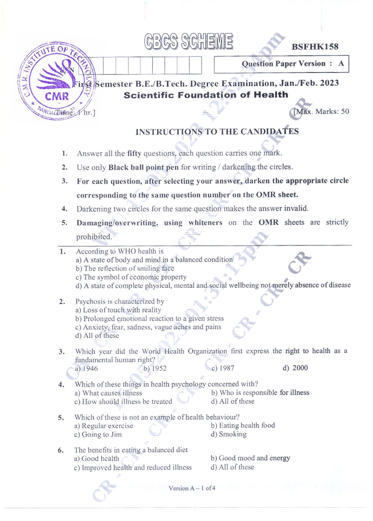 BSFHK158 CMRIT Scientific Foundation of Health - FUM Exam Paper A - Studocu