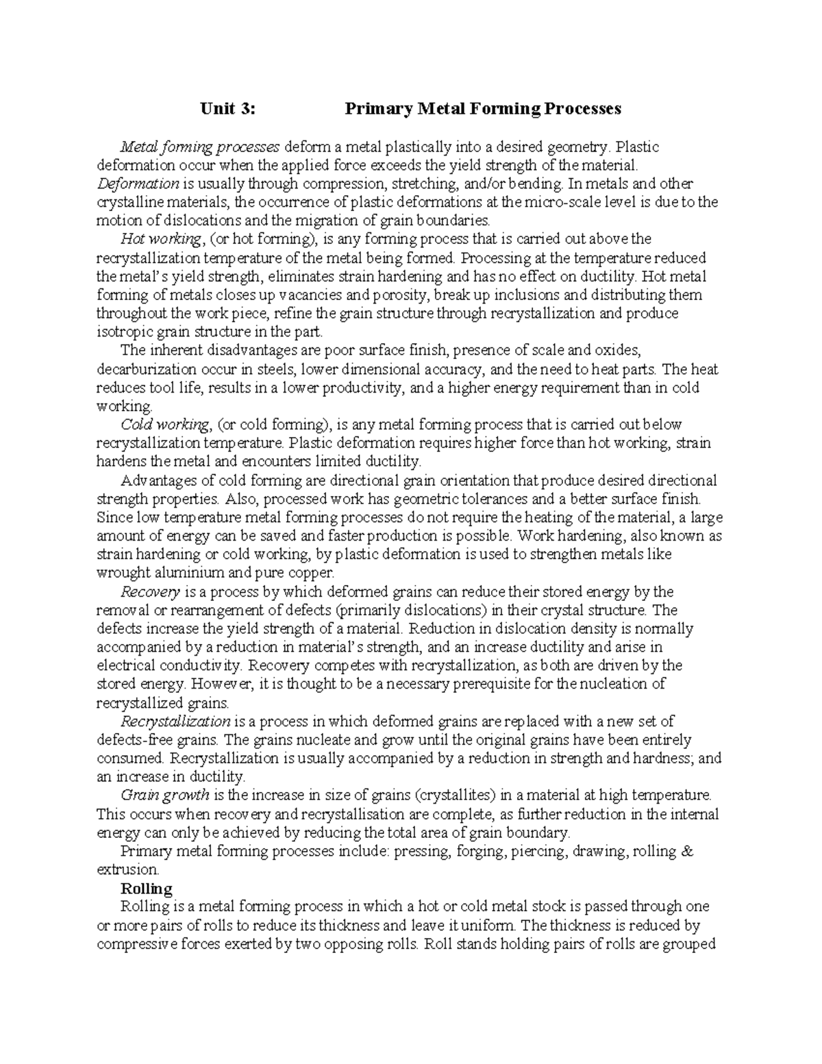 TMC 4122 Metal Forming - Lecture Notes on Primary Processes and ...