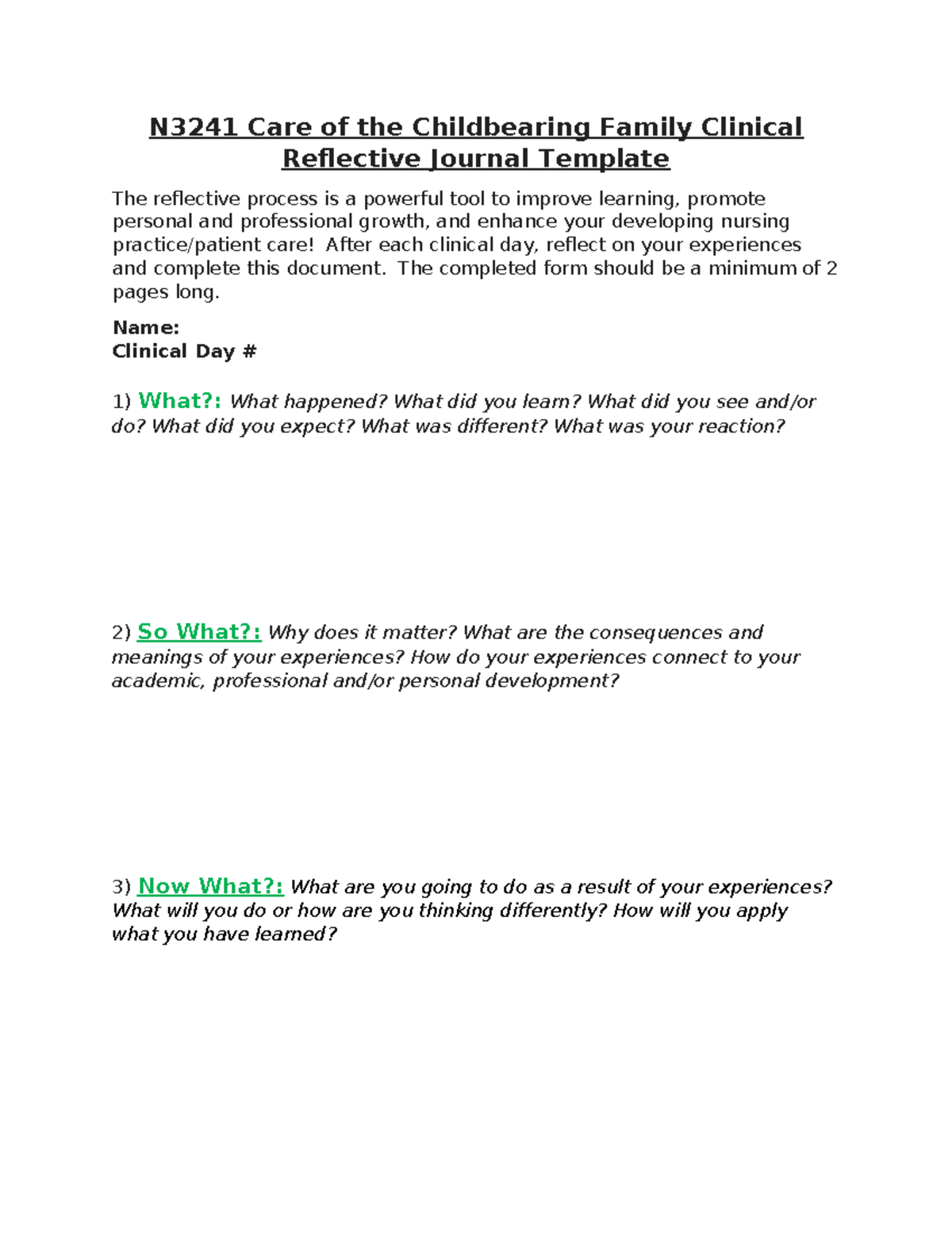 N3241 Care of the Childbearing Family Reflective Journal Template - Studocu
