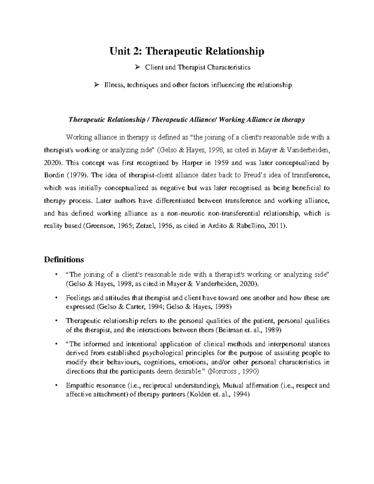 Unit 2: Therapeutic Relationship - Client & Therapist Dynamics in ...