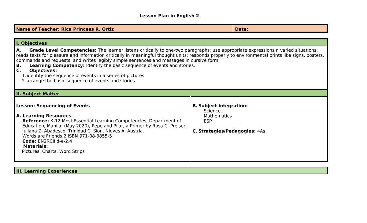 EN2 Lesson Plan: Sequencing of Events and Story Arrangement - Studocu