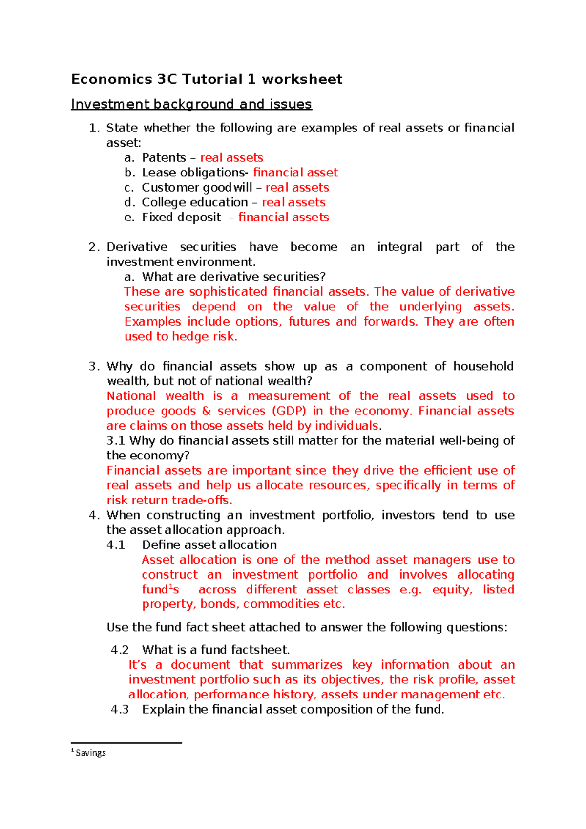 Tutorial 1 memo - Economics 3C Tutorial 1 worksheet Investment ...