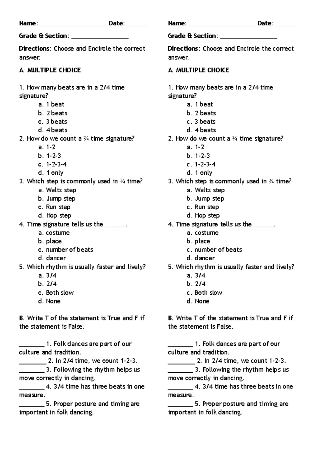 Mapeh 2nd Eval - Multiple Choice & True/False Worksheets - Studocu