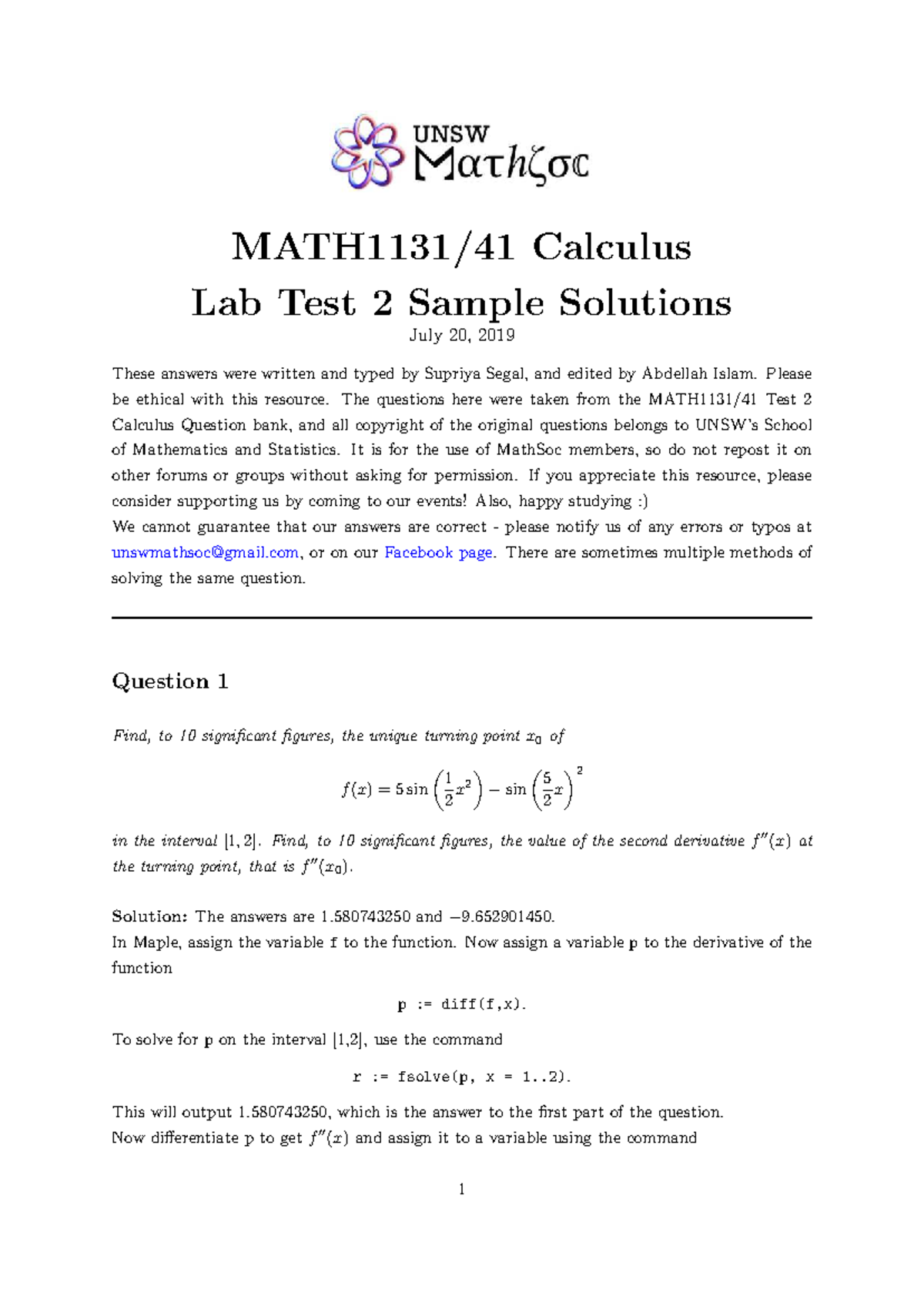 MATH1131/1141 Lab Test 2 Calculus Sample Solutions 2019 - Studocu
