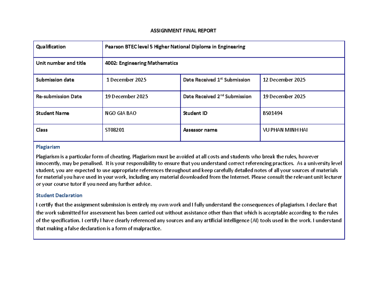 BTEC Level 5 HND Engineering Unit 4002: Final Report on Engineering ...