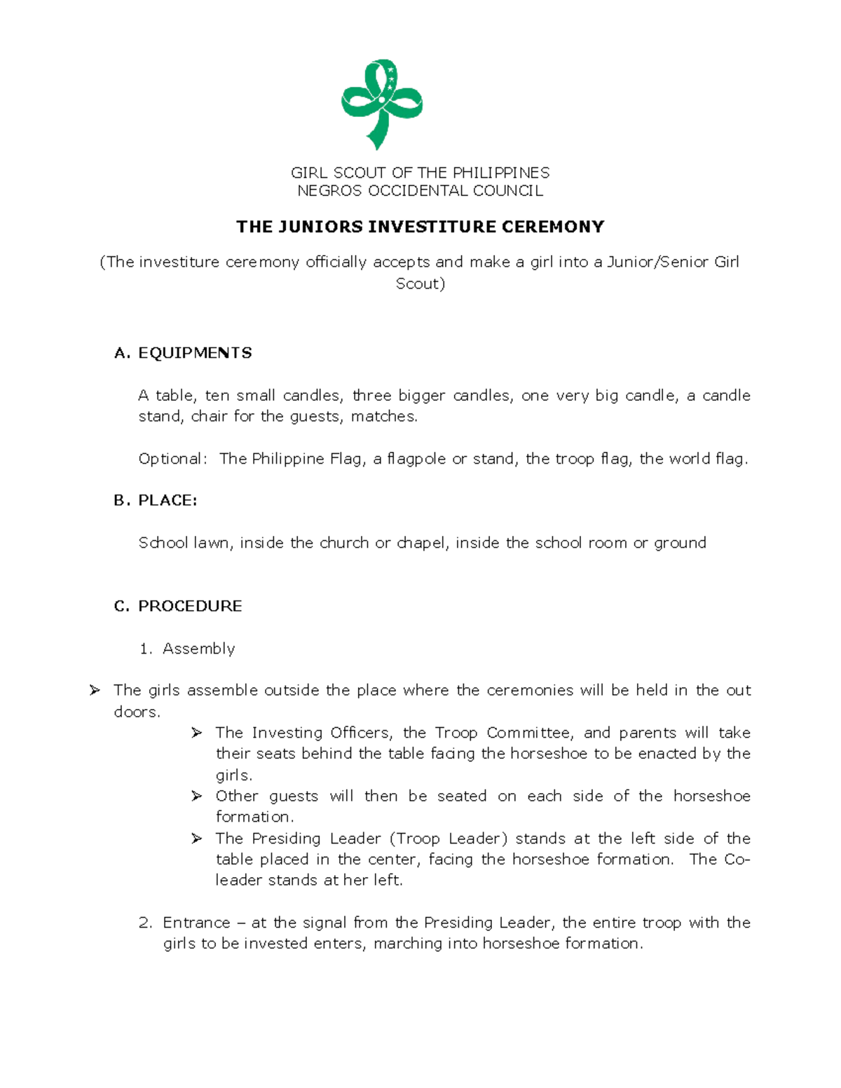 GSP Juniors & Seniors Investiture Ceremony Guidelines & Procedures ...