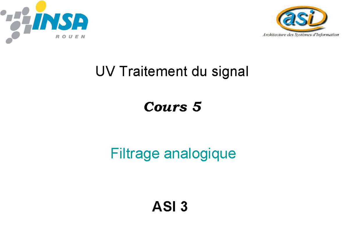 Cours 5 - Filtrage Analogique ASI 3: Concepts et Applications - Studocu