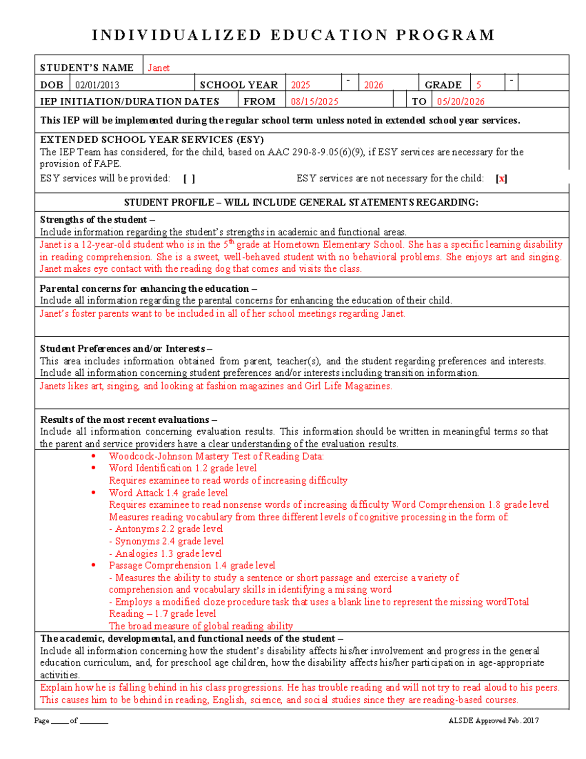 IEP for Janet (DOB: [Date]) - 5th Grade Transition Goals & Services ...