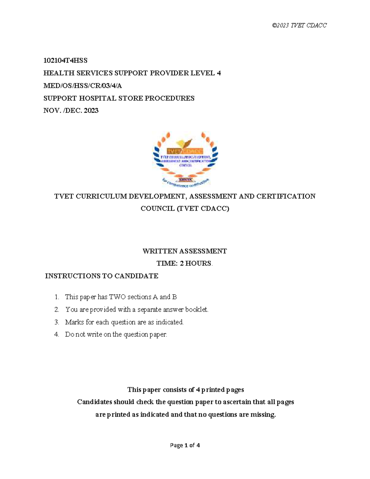 TVET CDACC 102104T4HSS Level 4 Hospital Store Procedures Nov 2023 - Studocu