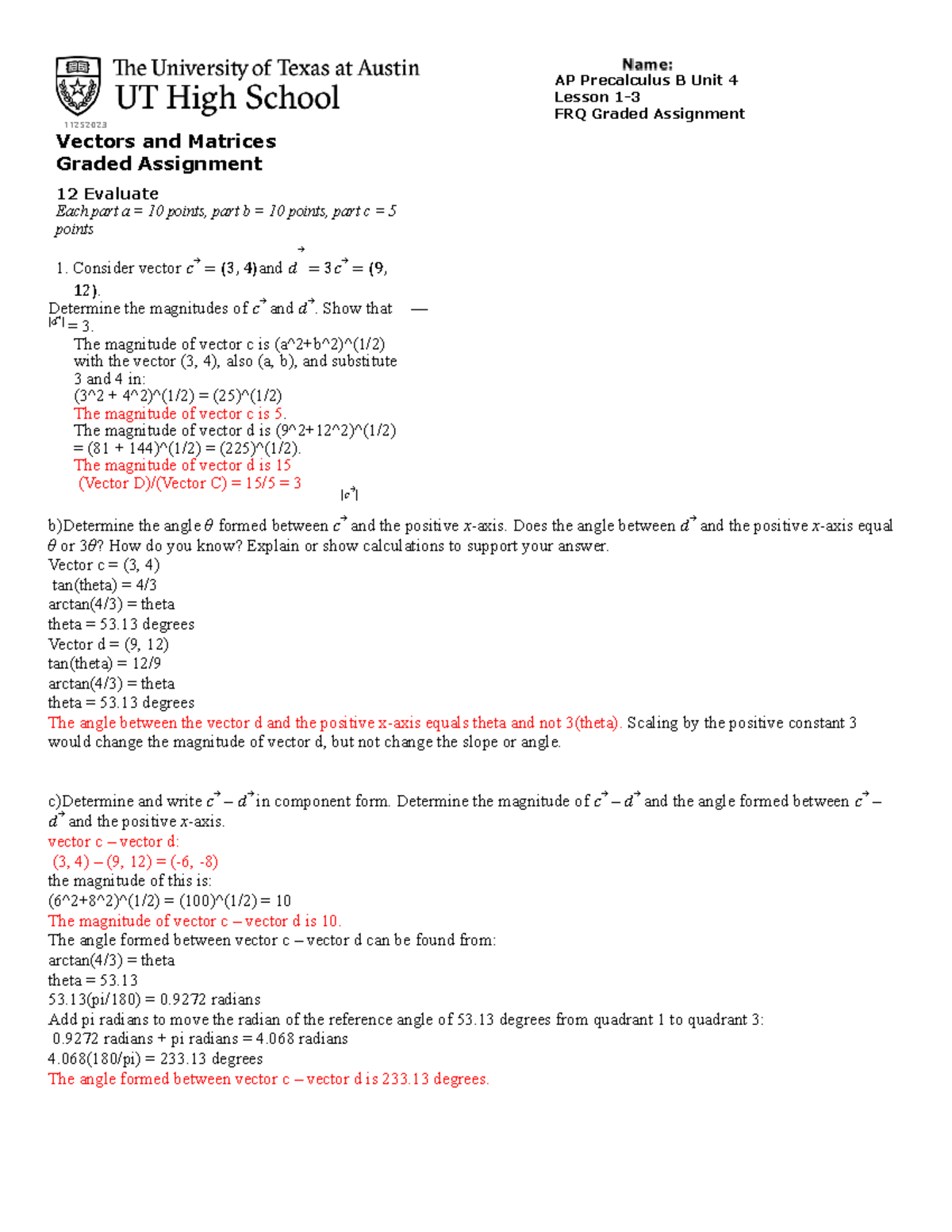 AP Precalculus B Unit 4 Lesson FRQ Graded Assignment on Vectors ...