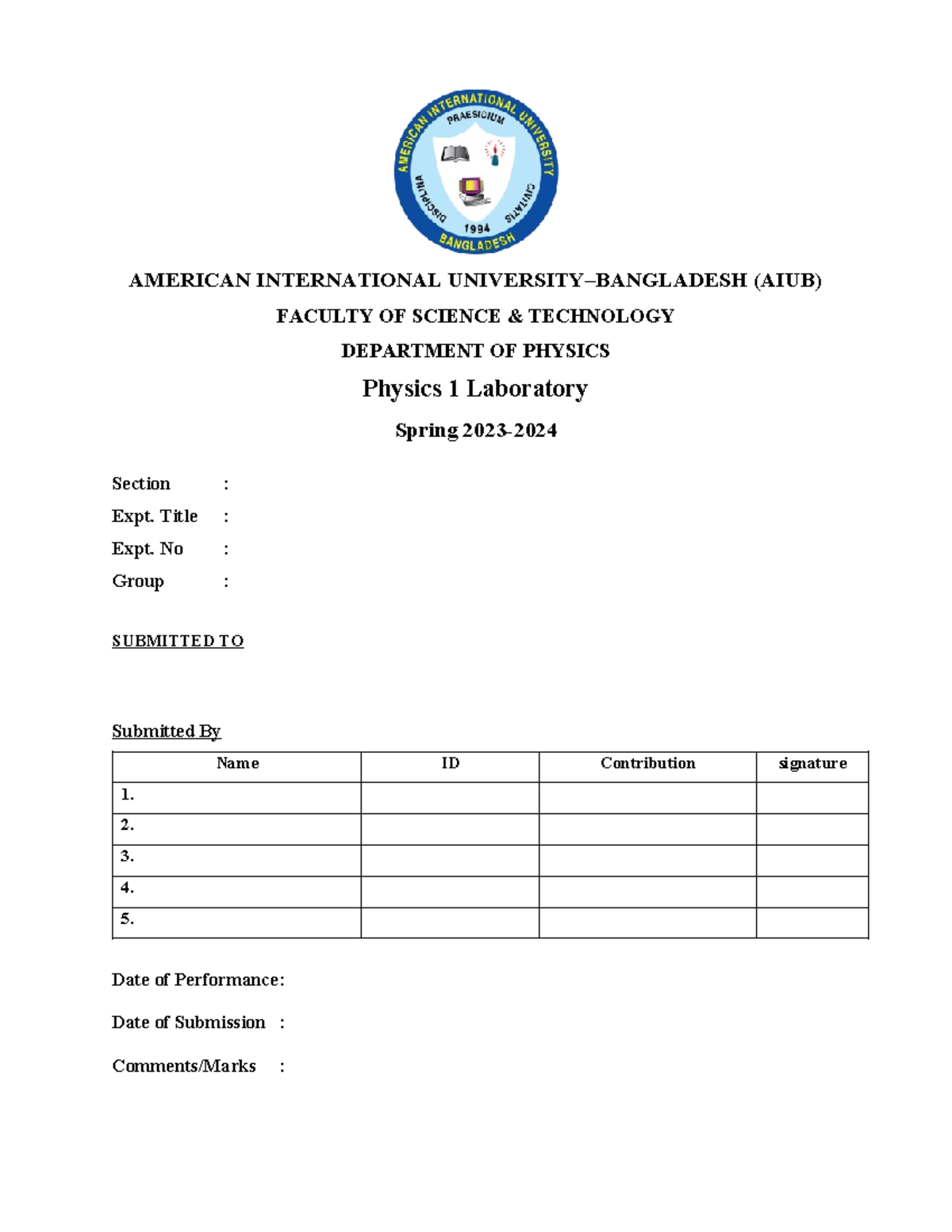 Cover page of lab report - Physics 1 Lab - AMERICAN INTERNATIONAL ...