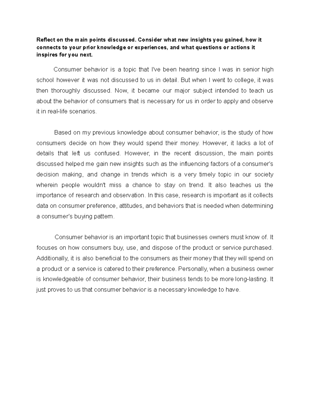 Consumer Behavior Reflection: Insights and Applications - Studocu