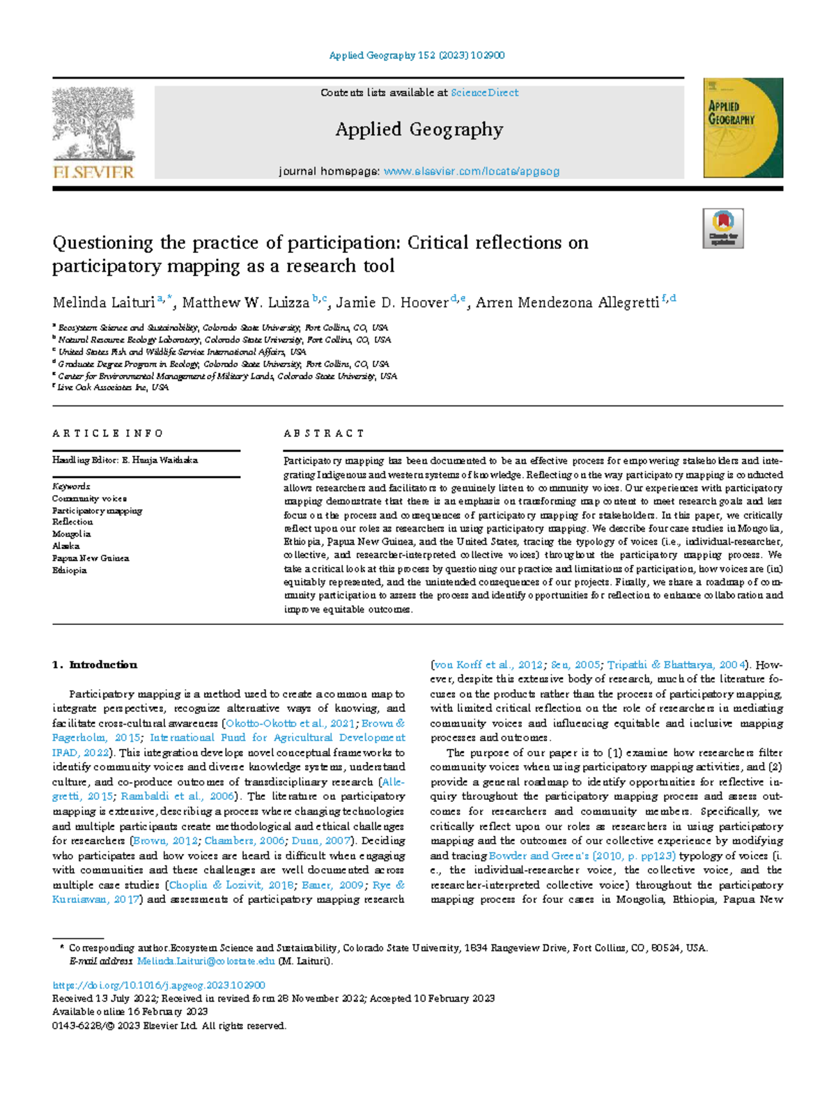 Critical Reflections on Participatory Mapping: Insights from Applied ...