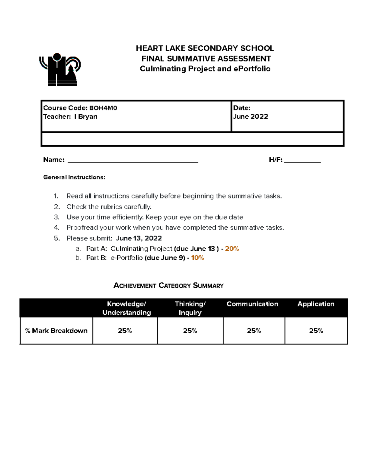 BOH4M Final Summative: Culminating Project & ePortfolio Guide - Studocu