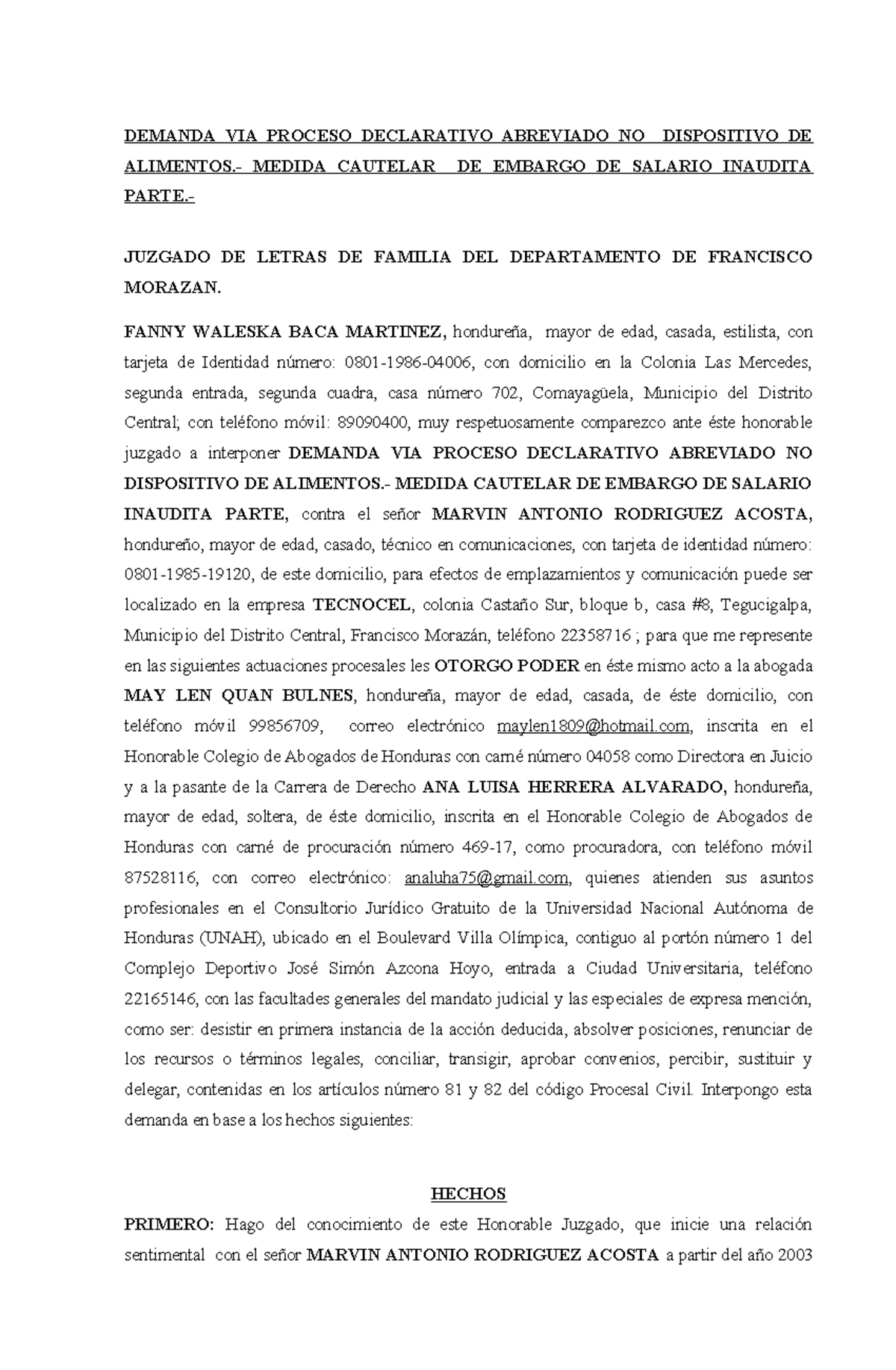 Demanda de Embargo de Salario Inaudita Parte - Fanny W. Baca Martínez ...