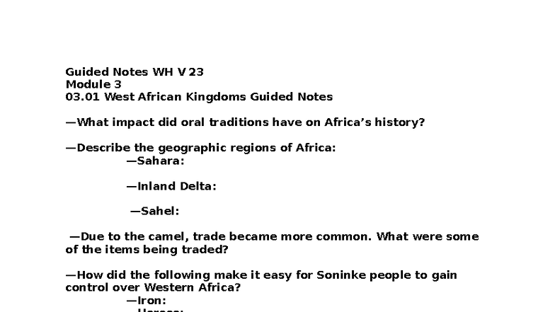 Guided notes WH V 23 Module 3: West African kingdoms and migrations ...