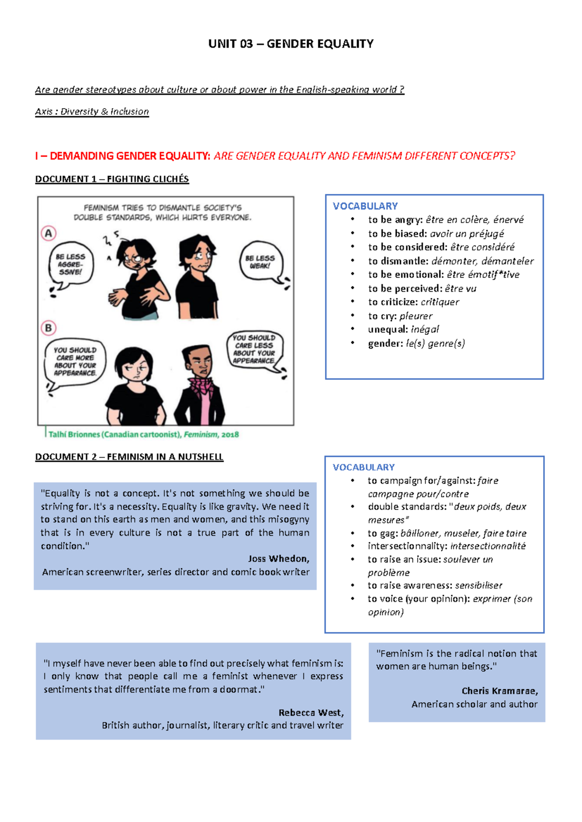 Devoirs sur l'Égalité des Genres - Unité 03: Stéréotypes et ...