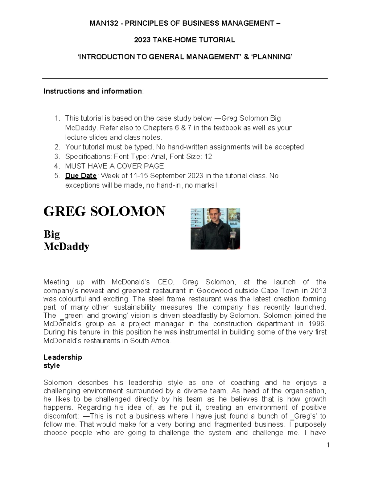 MAN132 2023 Take-Home Tutorial 2: Case Study on Greg Solomon - Studocu