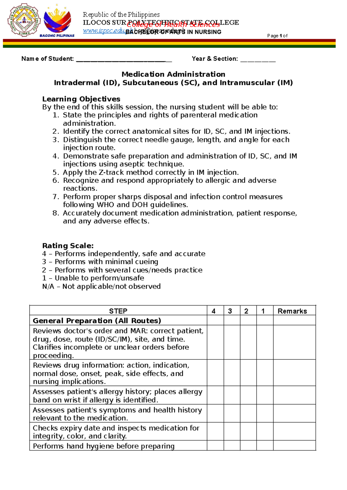 Medication Administration Checklist: ID, SC, IM Techniques for Nursing ...