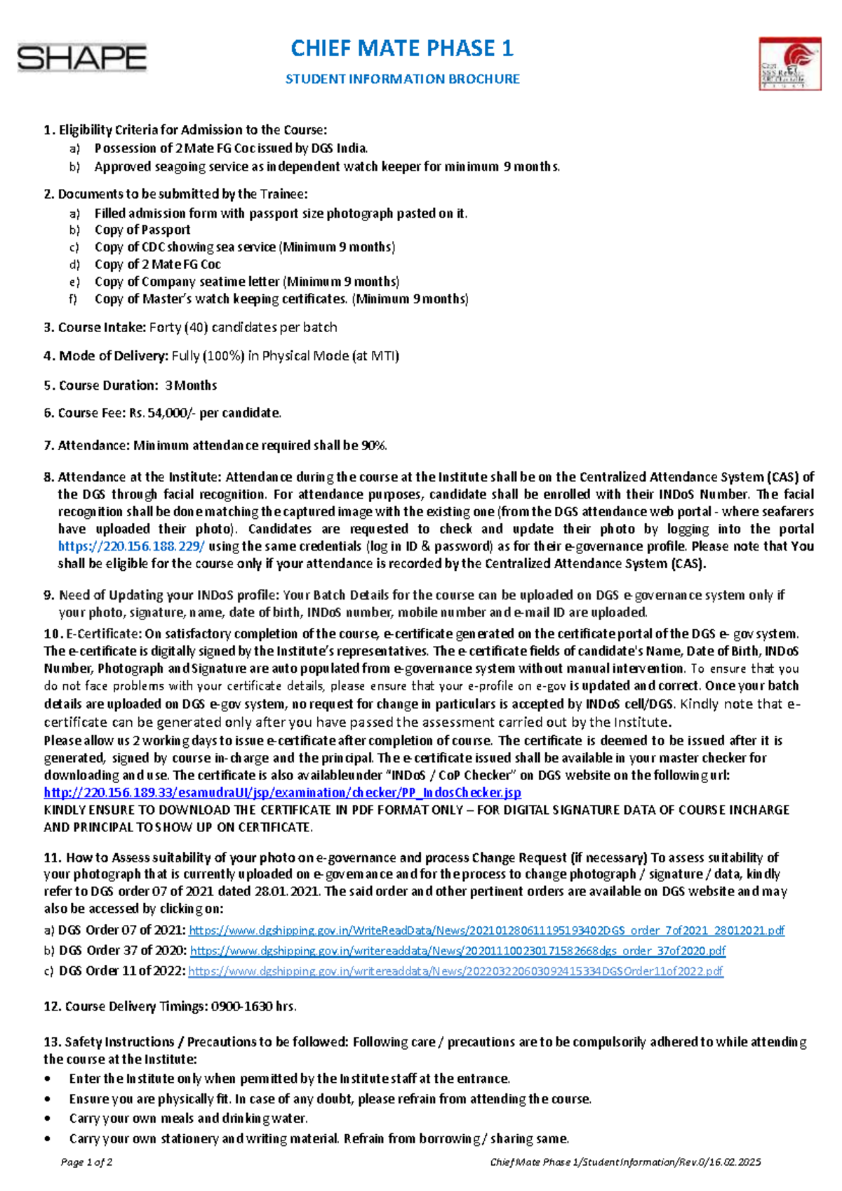 Chief Mate Phase 1 - Student Info Brochure & Admission Guidelines - Studocu