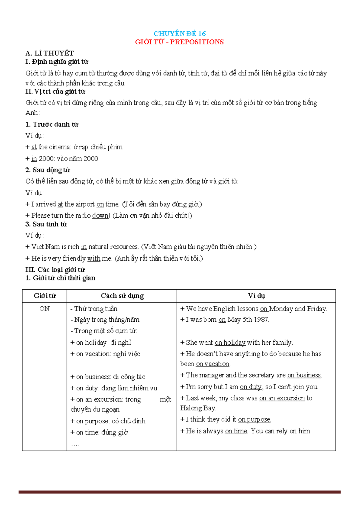 CHUYÊN ĐỀ 16: GIỚI TỪ (PREPOSITIONS) - LÍ THUYẾT VÀ BÀI TẬP - Studocu