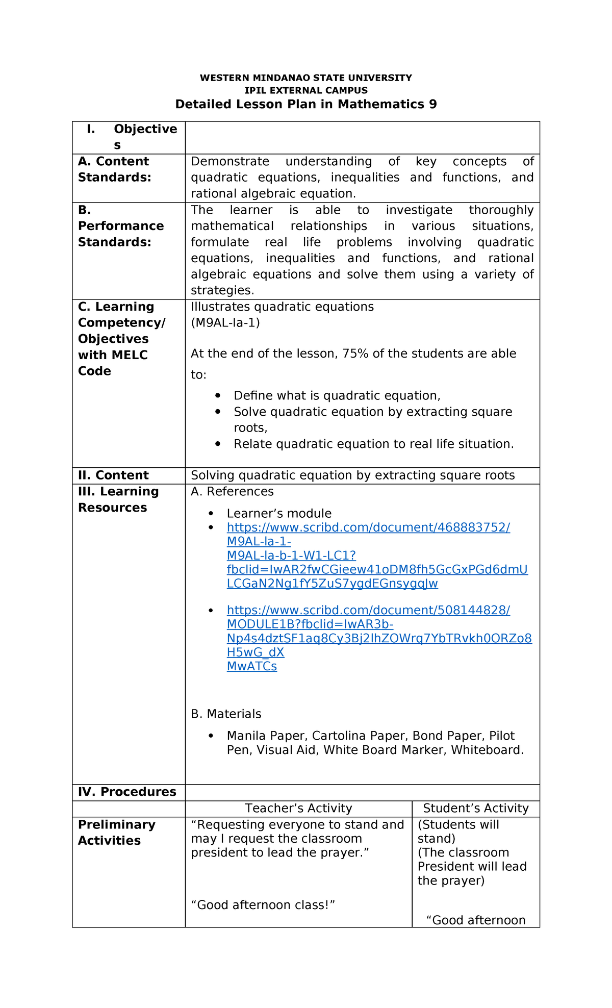 Mathematics 9 Detailed Lesson Plan: Quadratic Equations & Solutions ...