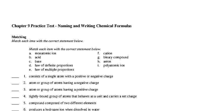 Chapter 9 Practice Test: Naming & Writing Chemical Formulas - Studocu