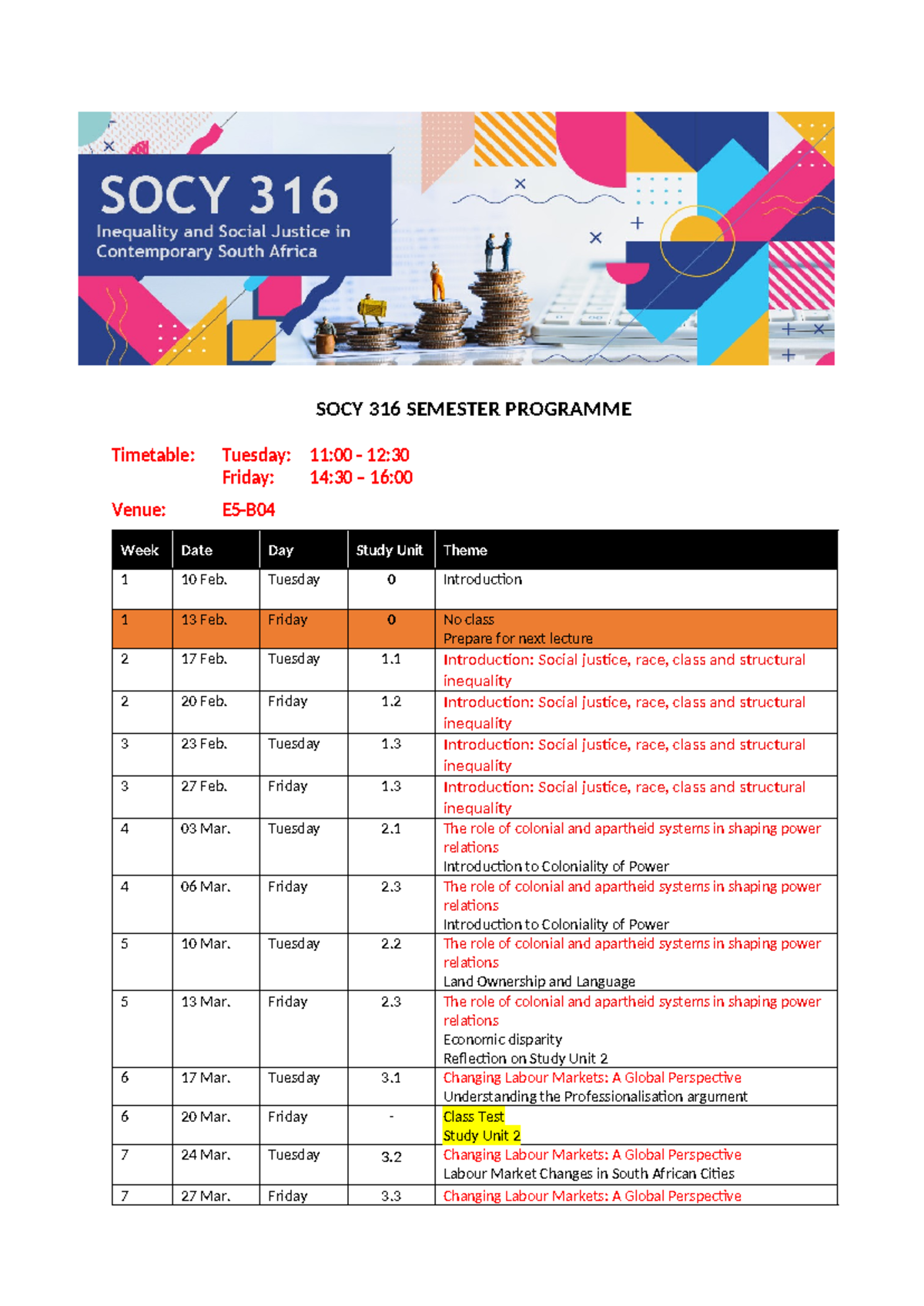 SOCY 316 Semester Programme Timetable 2026: Class Schedule - Studocu