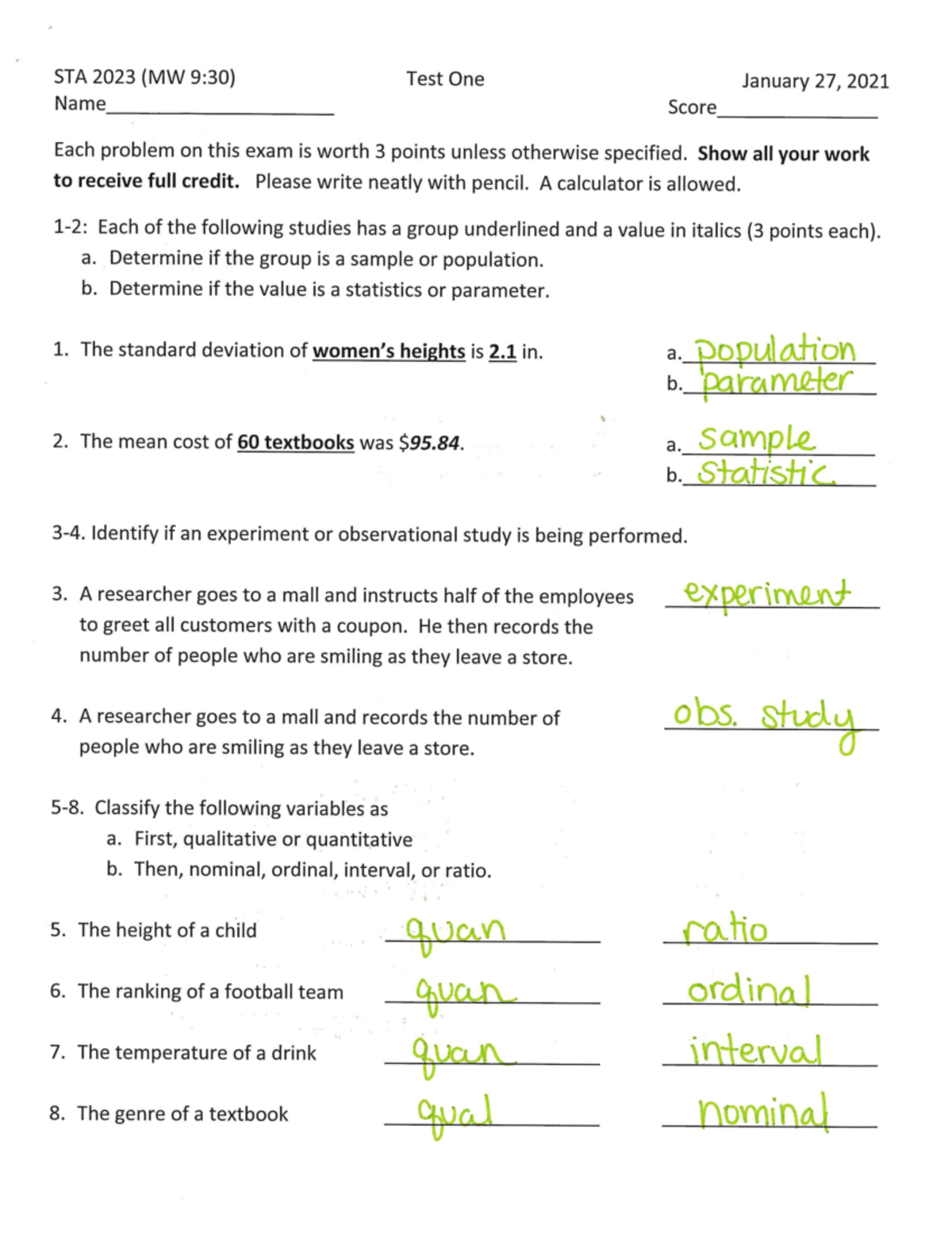 STA 2023 Midterm Exam Review - Test One Details and Analysis - Studocu