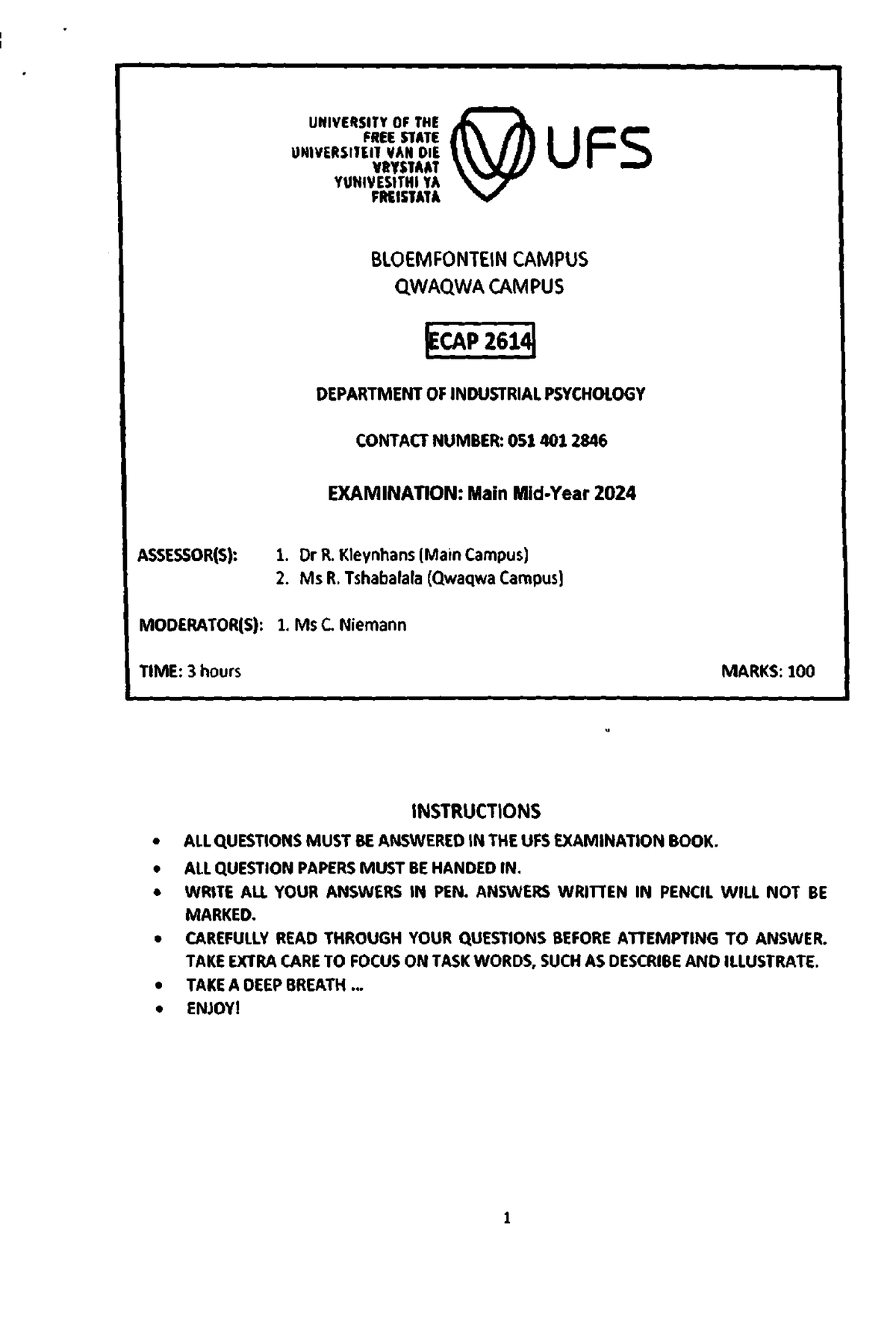 UFS ECAP 2614 Main Exam 2024: Industrial Psychology Questions - Studocu