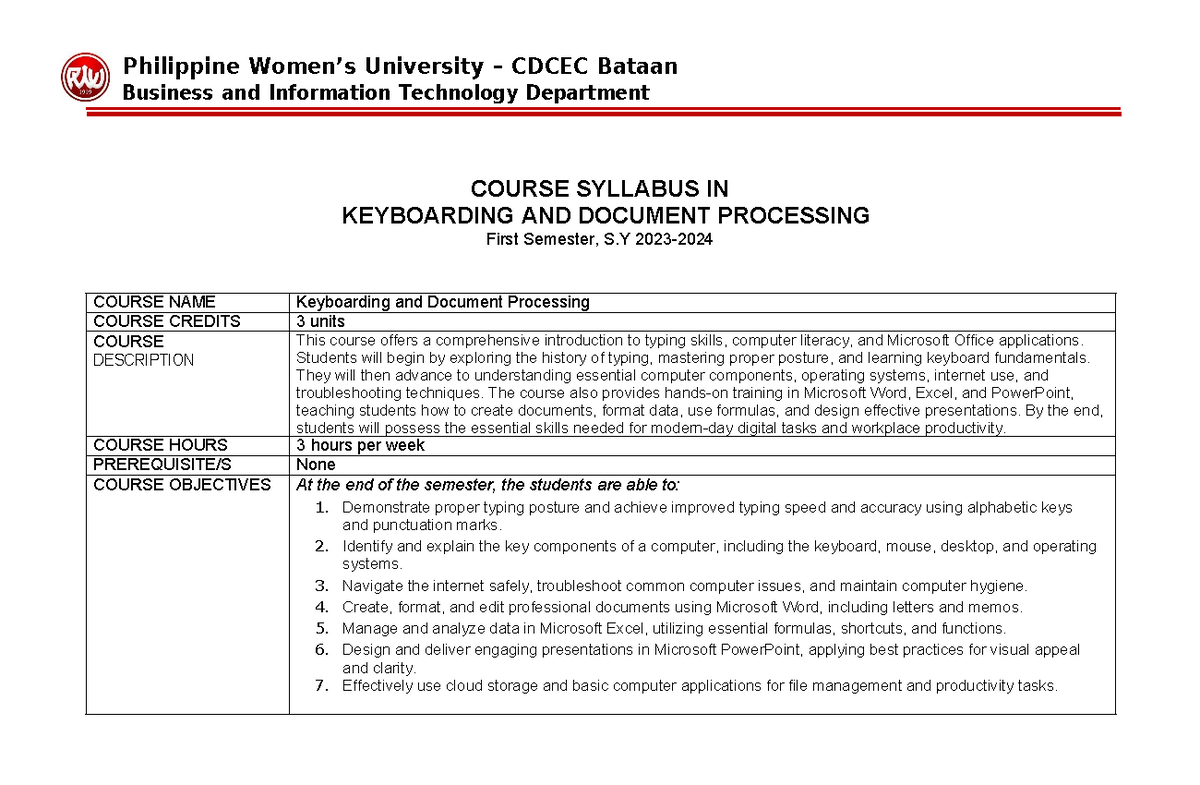 Keyboarding and Document Processing (BIT 101) Course Syllabus S 2023 ...