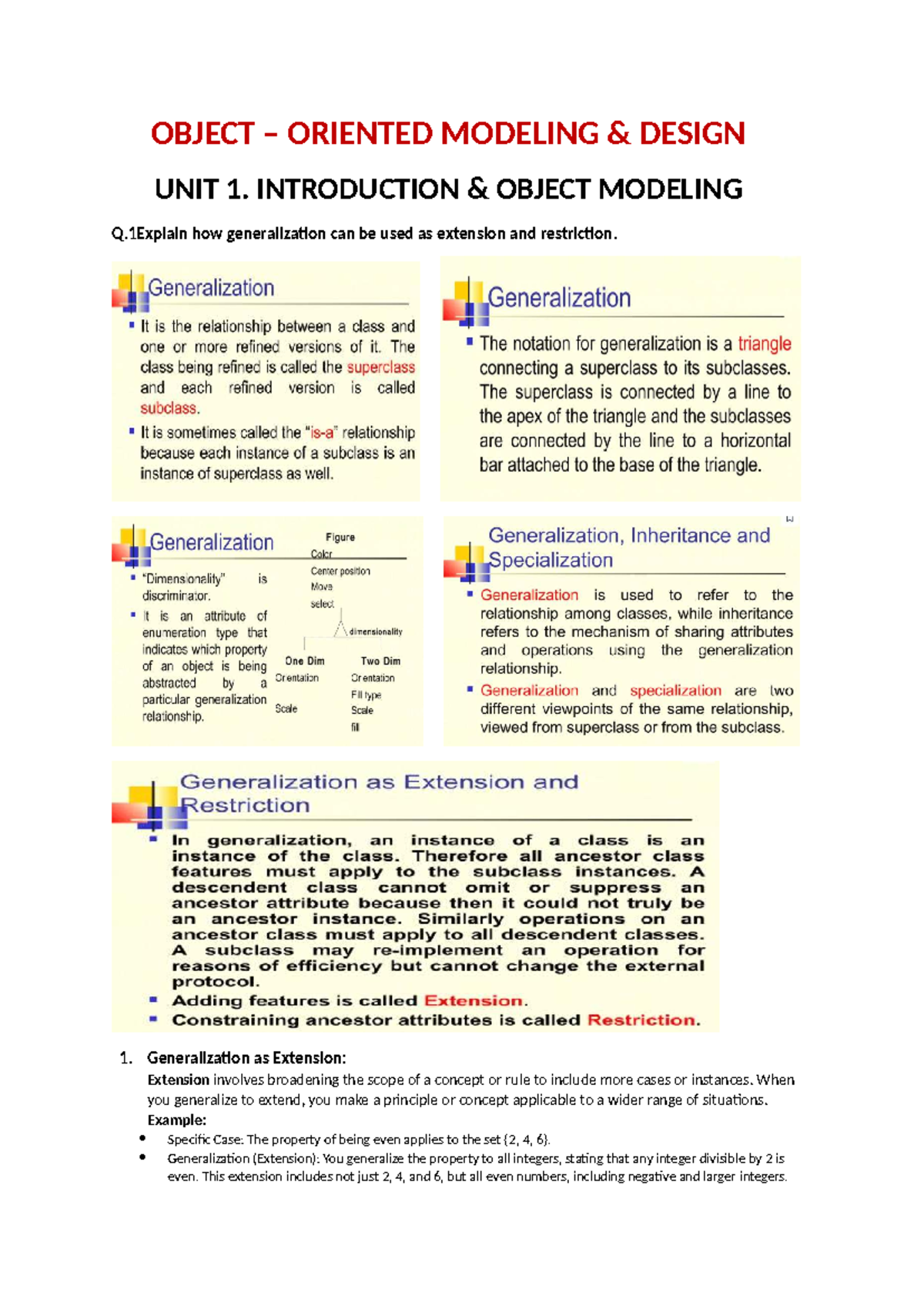 OOMD UNIT 1: Generalization, Events, and UML Concepts Explained - Studocu