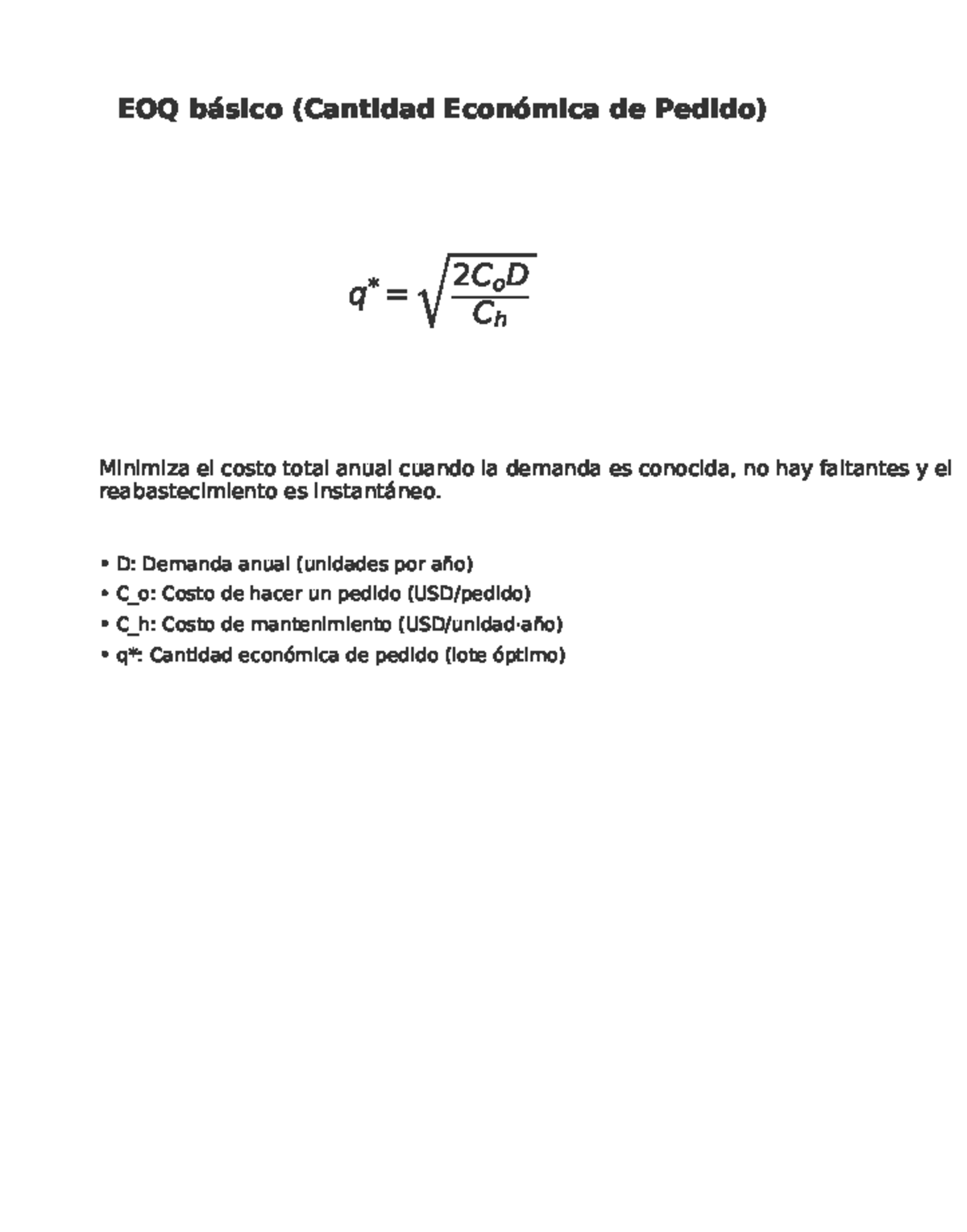 EOQ Básico y Fórmulas de Inventario 2CCohD: Optimización de Costos ...