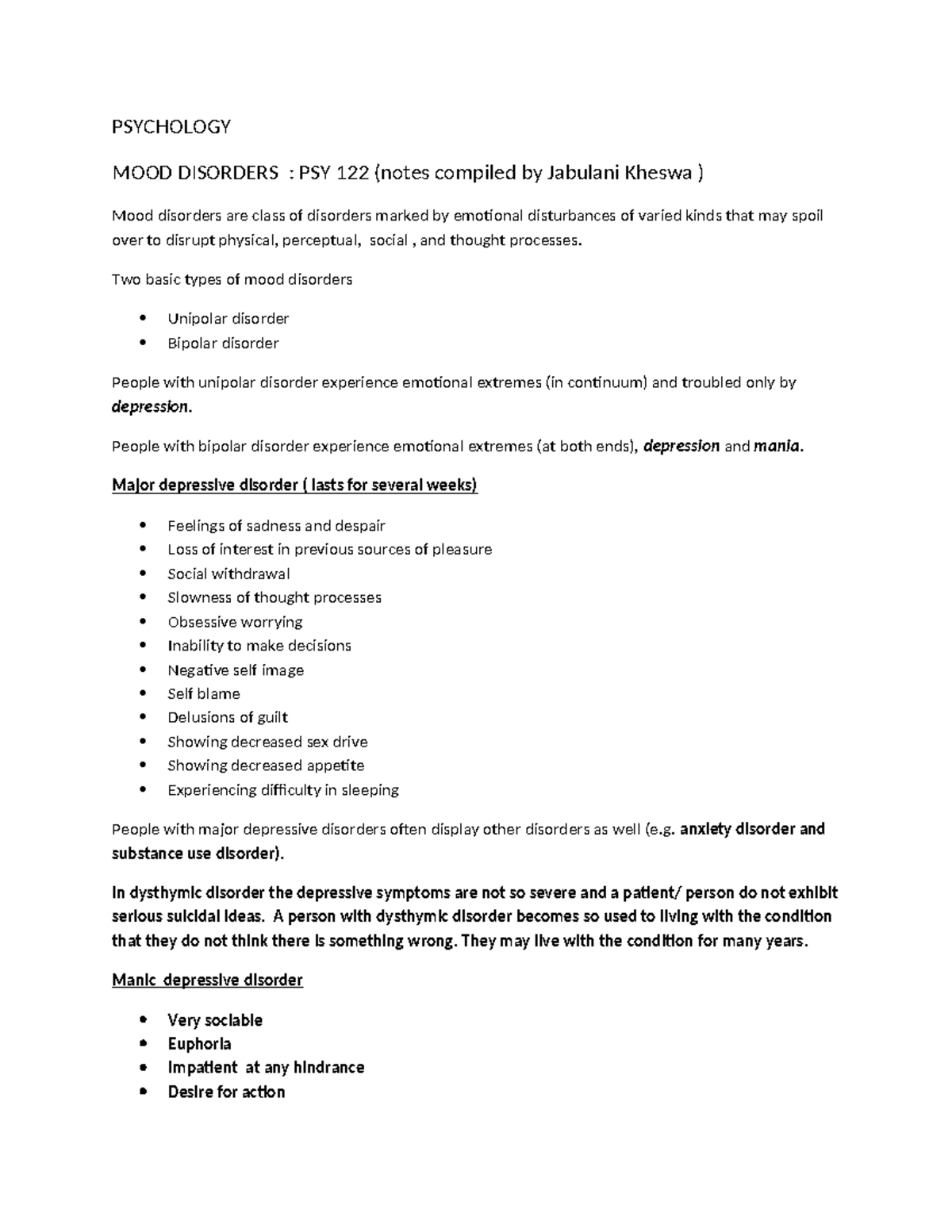 Mood Disorders & Schizophrenia Overview: PSY 122 Notes by Jabulani ...