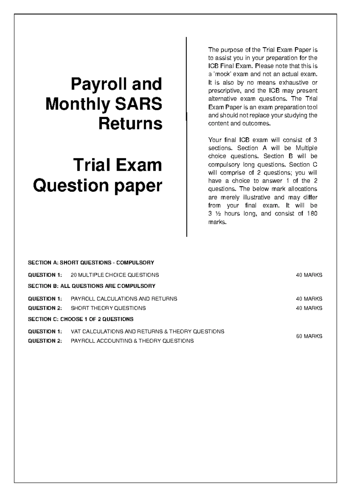 PR - Trial Exam Paper: Monthly Payroll SARS Returns Assessment - Studocu