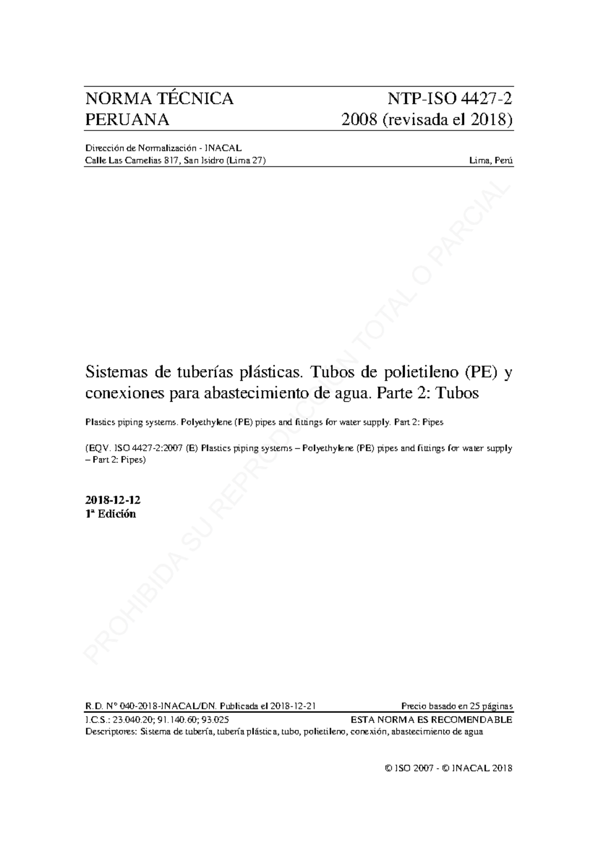 NTP-ISO 4427-2: Sistemas de Tuberías Plásticas - Tubos PE y Conexiones ...