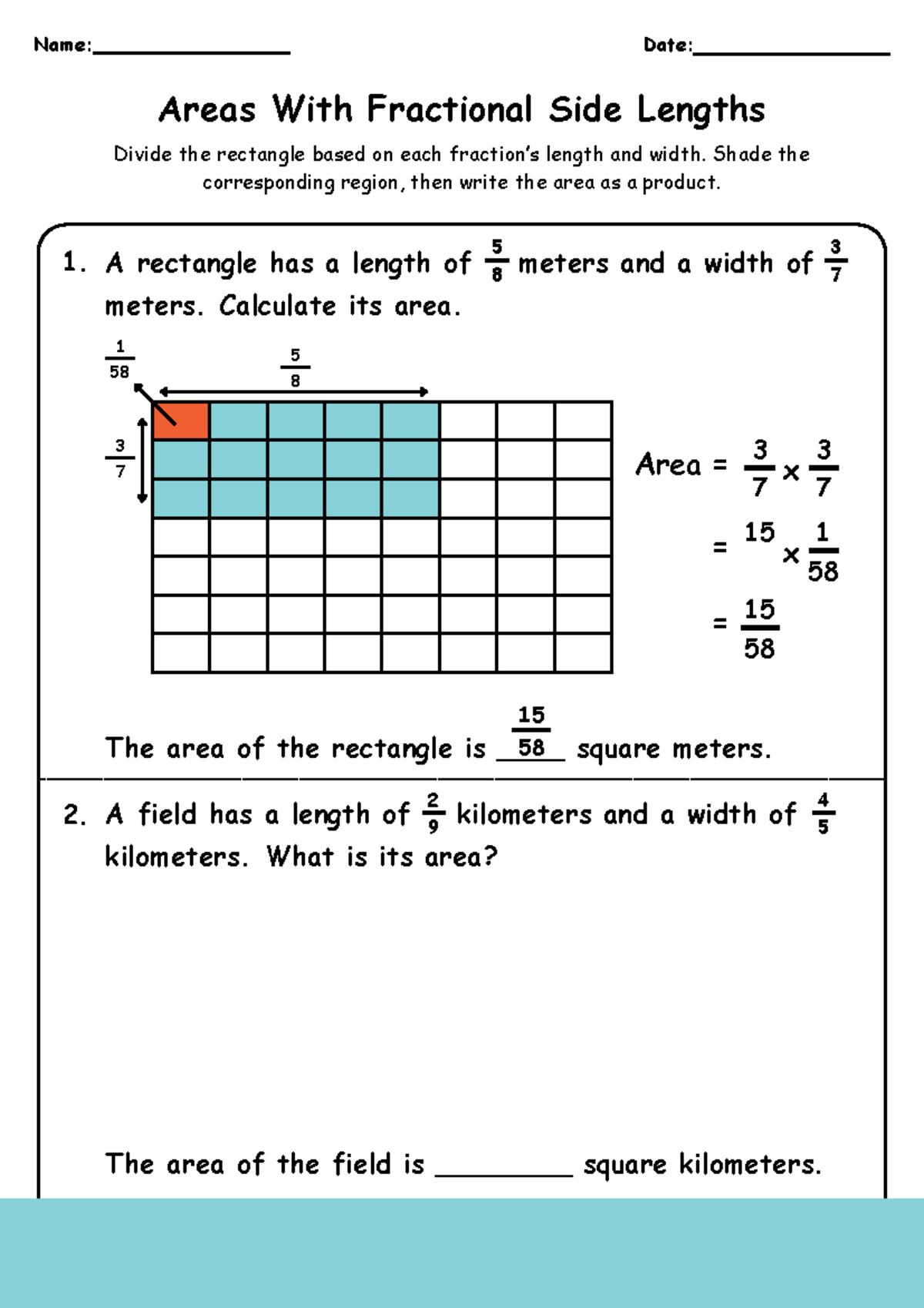 Calculating Areas with Fractional Side Lengths - 5th Grade Worksheet ...