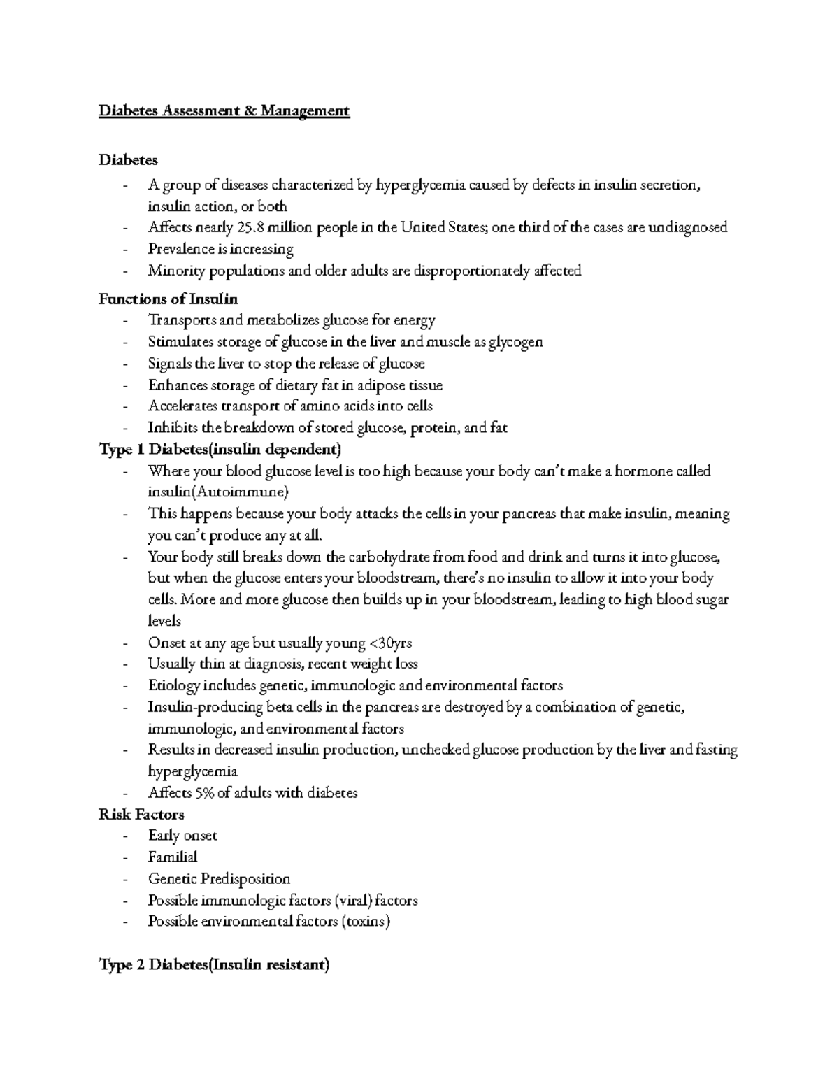 NUR 1130 Final Exam Study Guide: Diabetes Assessment & Management - Studocu
